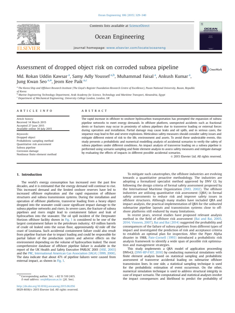Dropped Object Risk in Subsea Pipelines | PDF | Probability Density ...