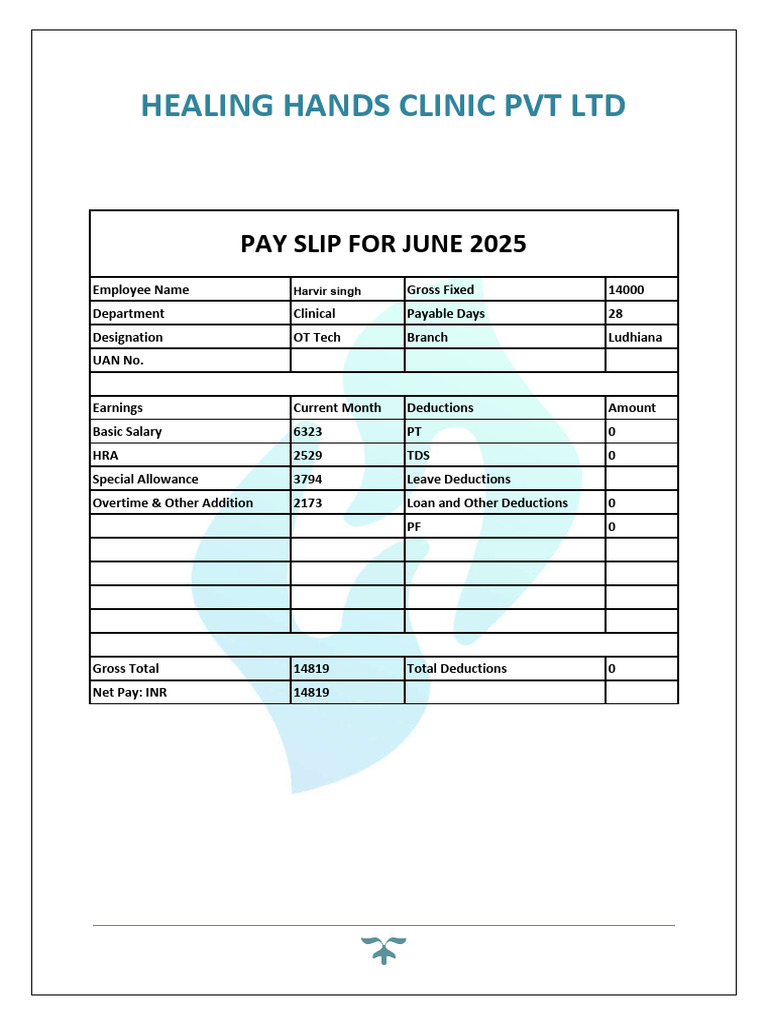 Payslip of Harvir - OT Technician - Ludhiana - June 2025. | PDF