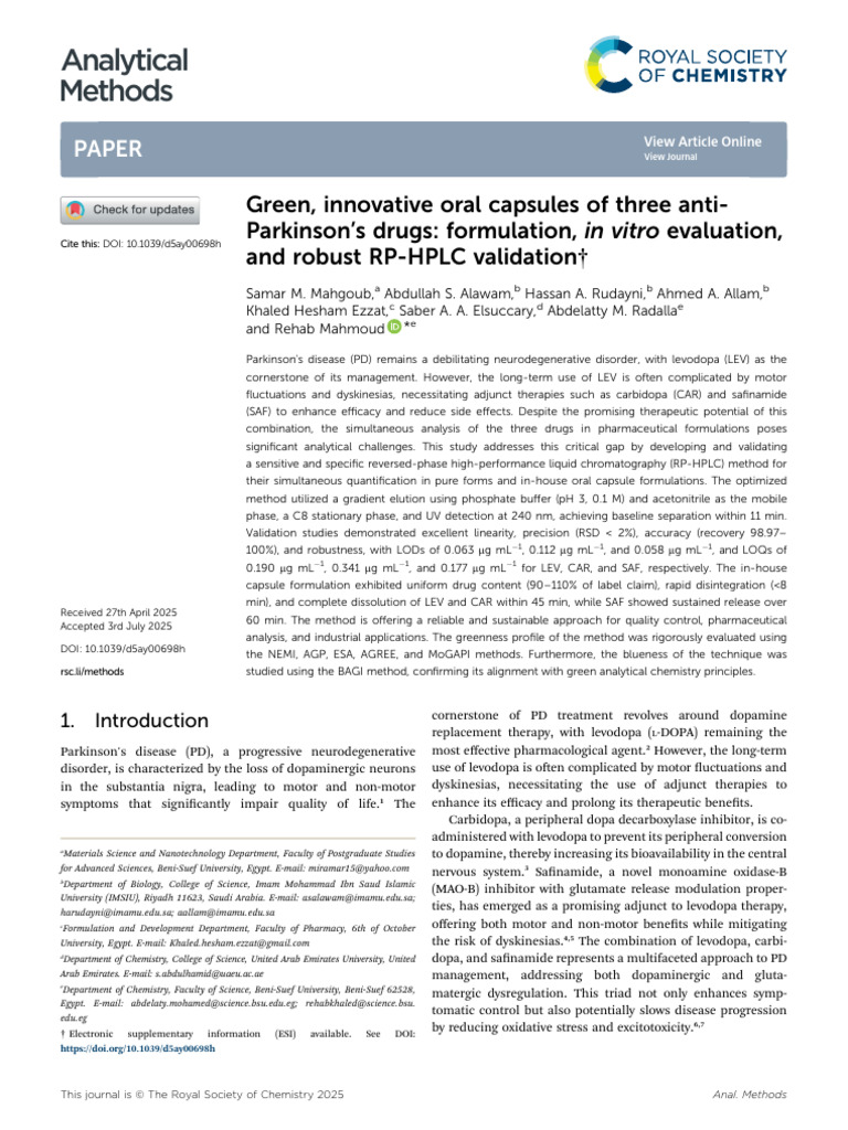 Green RP-HPLC for Anti-Parkinson Capsules | PDF | High Performance ...