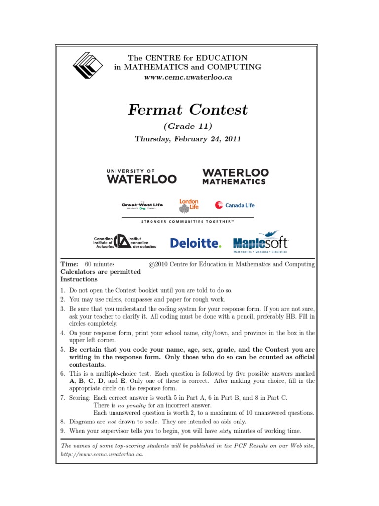 Fermat Combined Contest | PDF | Circle | Multiple Choice
