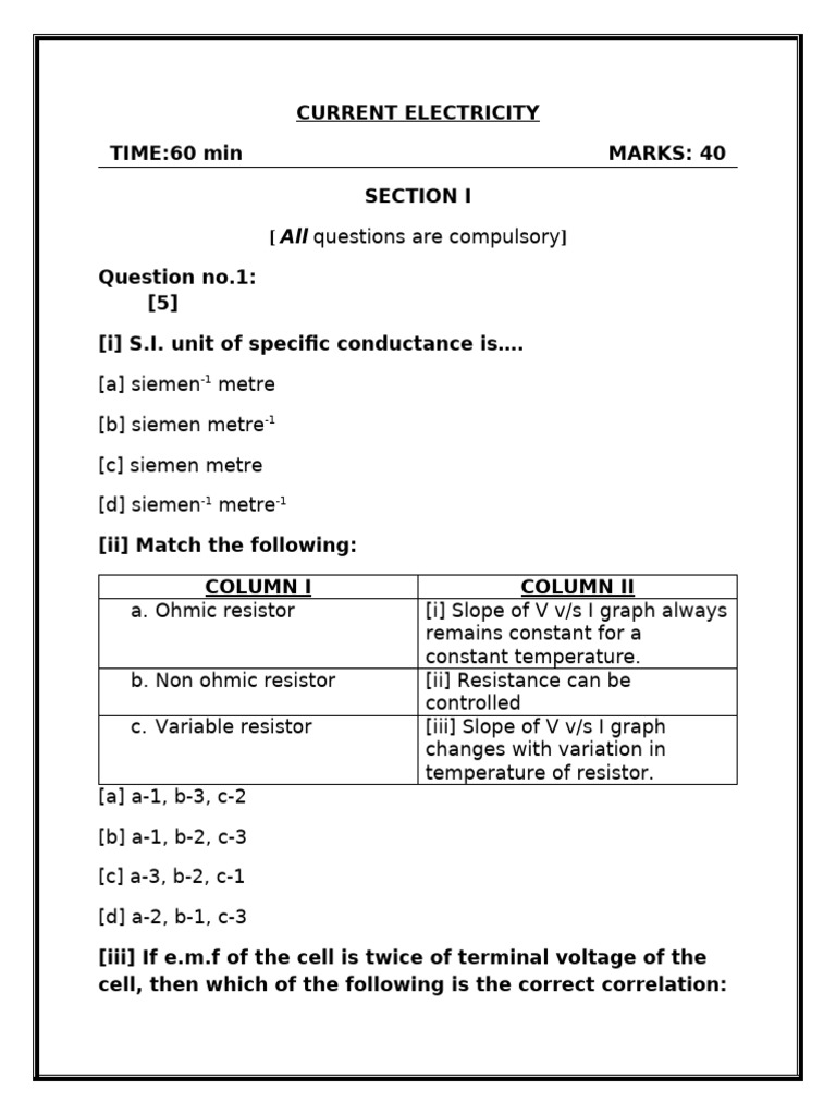 Current Electricity Exam Questions | PDF | Series And Parallel Circuits ...