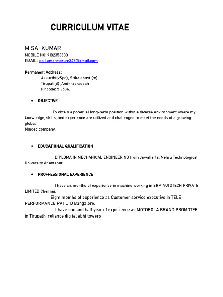 M Saikumar Resume For Moto | PDF
