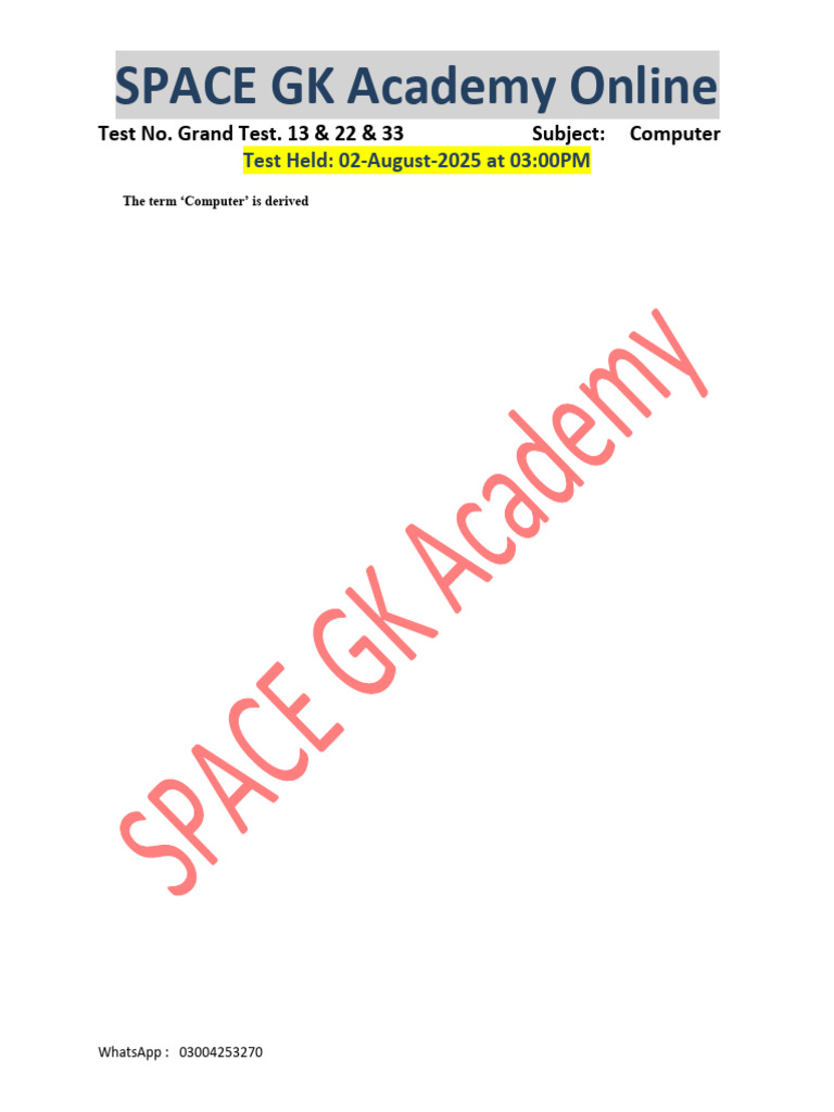 SPACE GK Academy Computer Test 2025 | PDF | Computer Data Storage ...