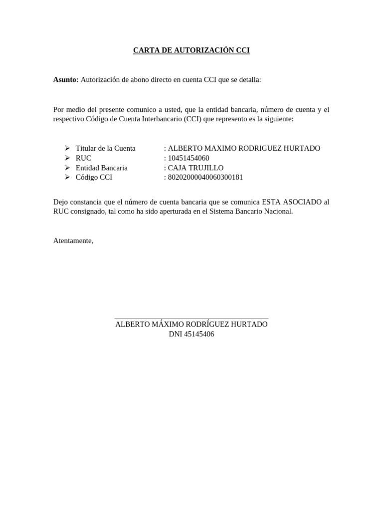 Carta de Autorización Cci | PDF