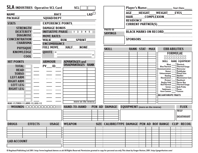 SLA Sheet for Operative Stats | PDF | Role Playing Games | Tabletop Games