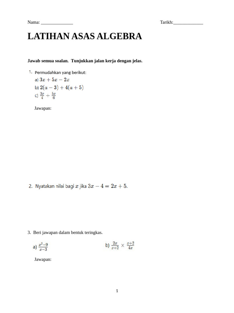 Latihan Asas Algebra | PDF