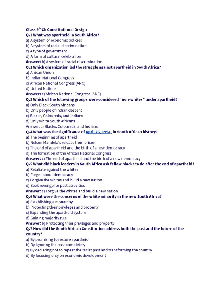 Class 9 Constitutional Design Quiz | PDF | Apartheid | African National ...