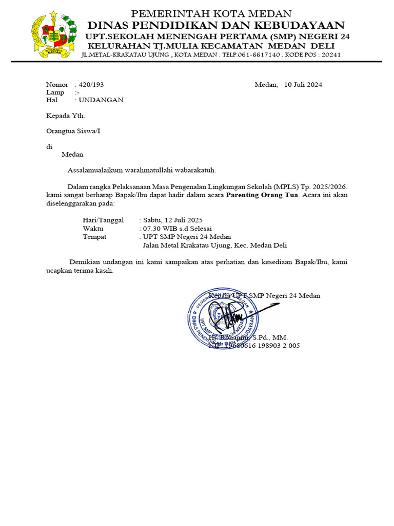 Undangan Parenting MPLS SMPN 24 Medan | PDF