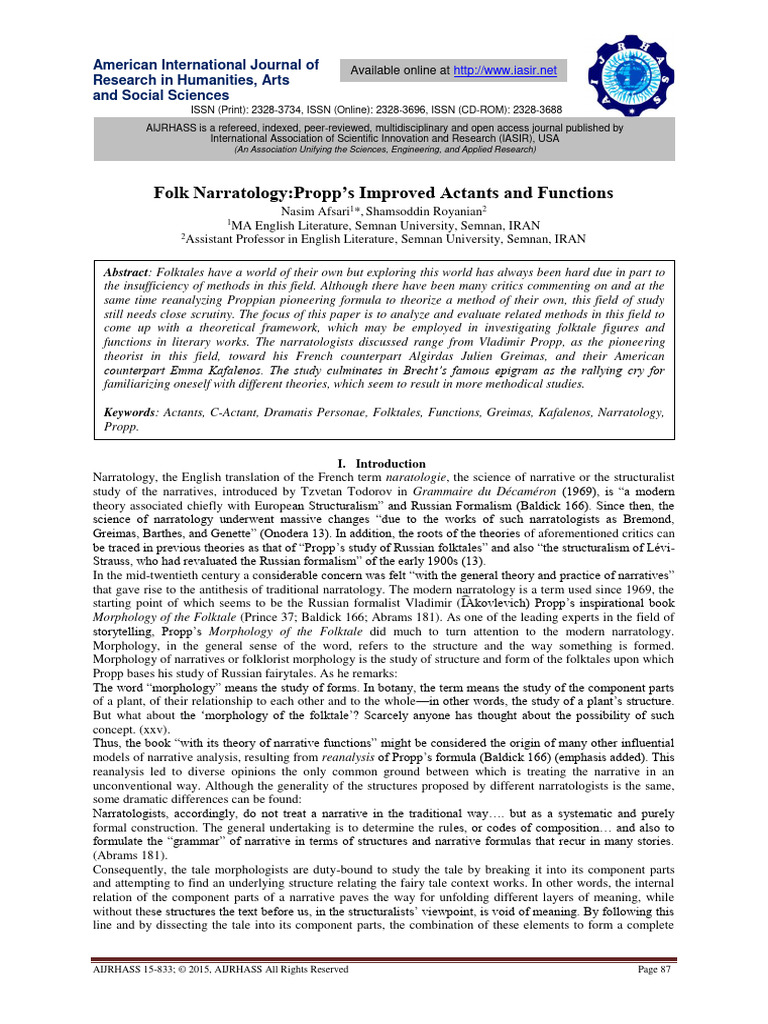 Propp's Actants in Folktale Narratology | PDF | Narrative | Literary Theory