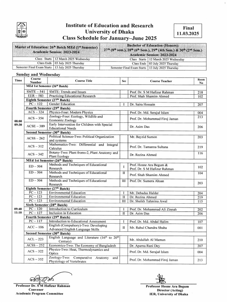 Final Class Schedule For January-June 2025 Semester | PDF