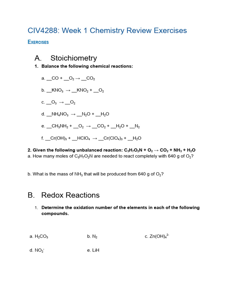 Basic Chemistry Review Exercises | PDF