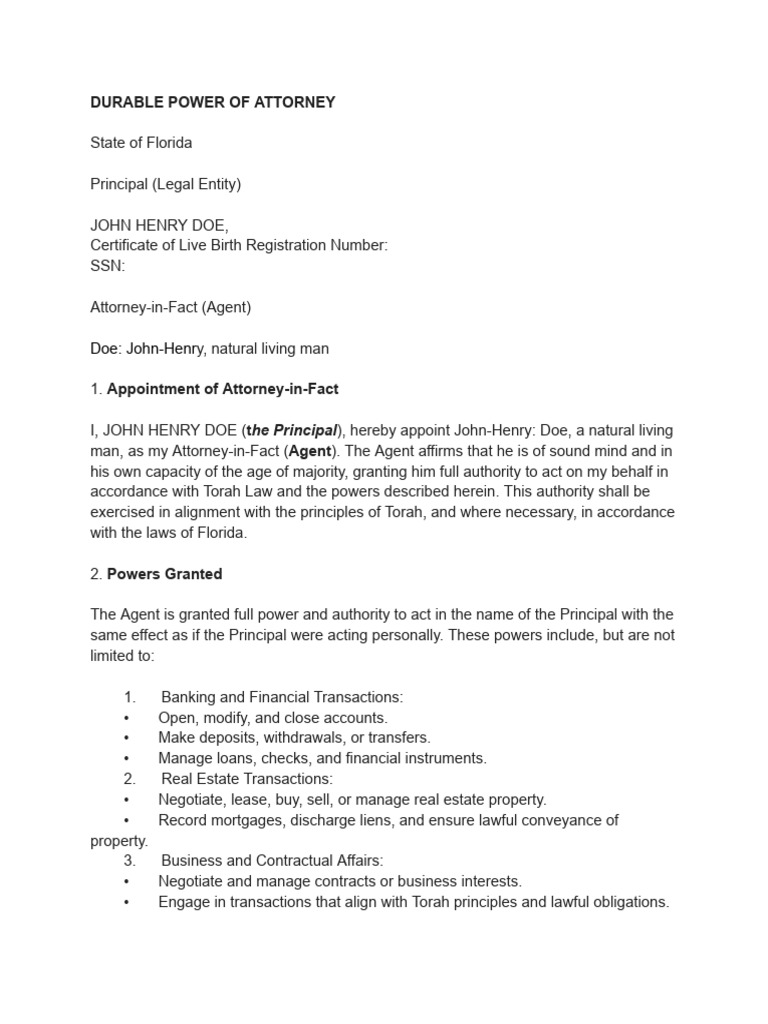 John Henry Doe Durable POA | PDF | Power Of Attorney | Indemnity