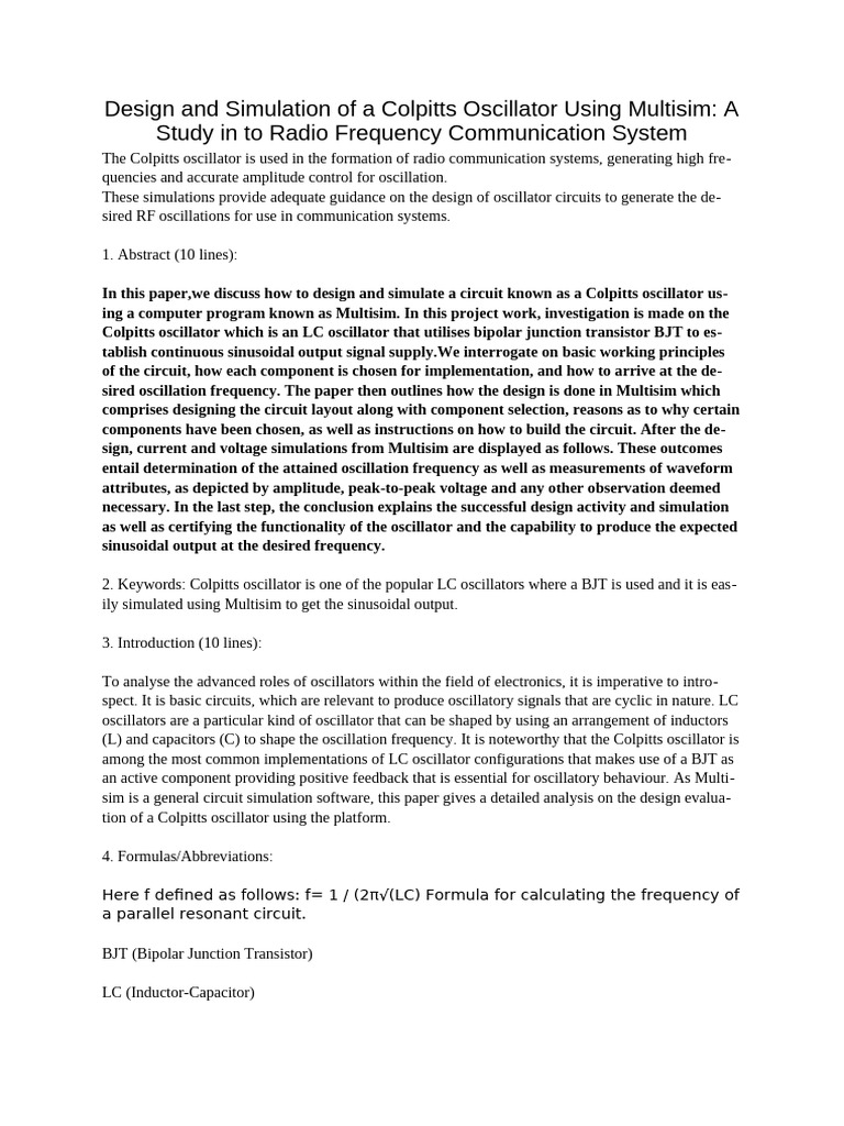 Colpitts Oscillator Design in Multisim | PDF | Electronic Oscillator ...