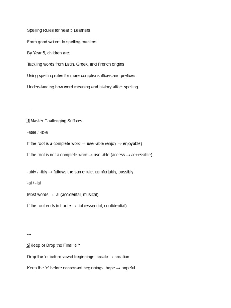 Spelling Rules for Year 5 Learners | PDF