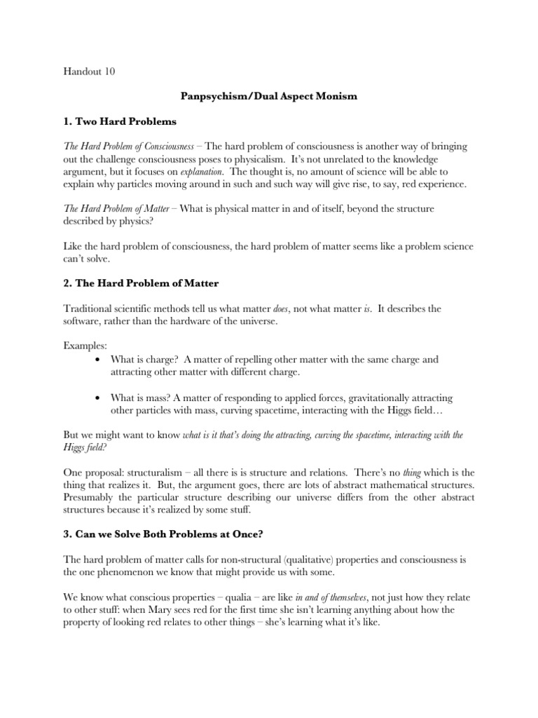 Handout 10 - Panpsychism:Dual Aspect Monism | PDF | Mind–Body Problem | Metaphysics