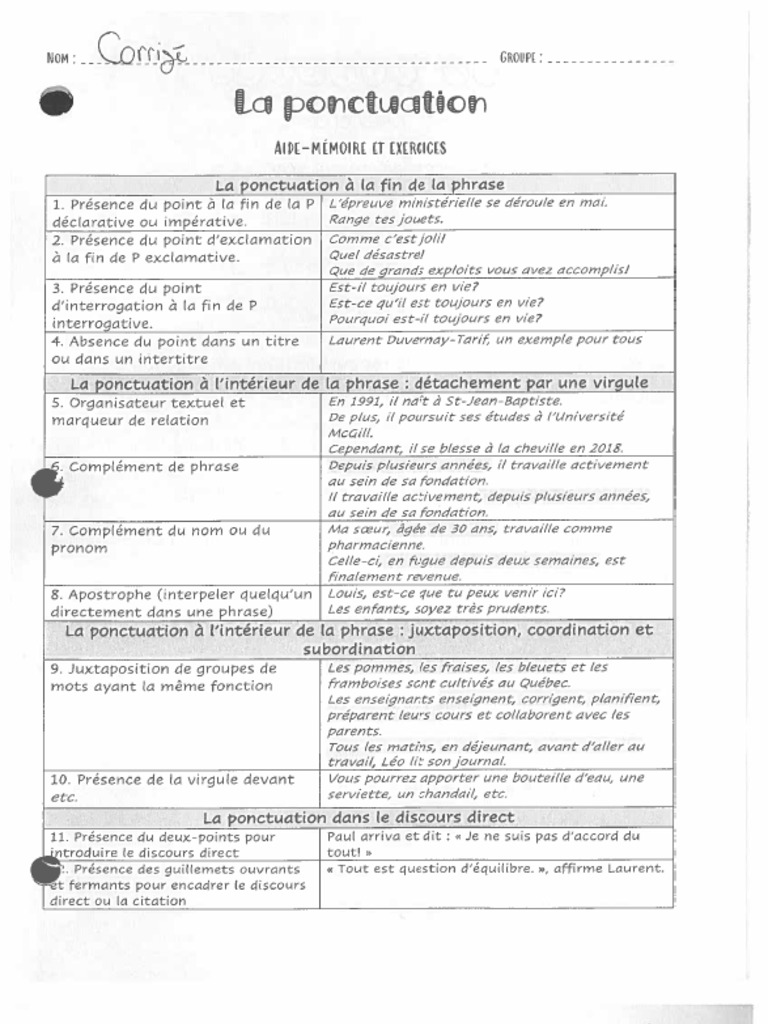 Exercices corrigés de ponctuation | PDF | Phrase | Mécanique du langage