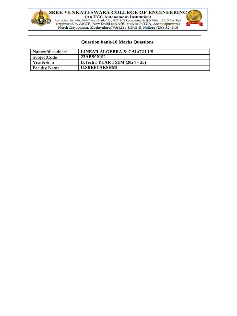 LAC QUESTION BANK - SVCN - (2024-2025) | PDF | Eigenvalues And Eigenvectors | Matrix (Mathematics)