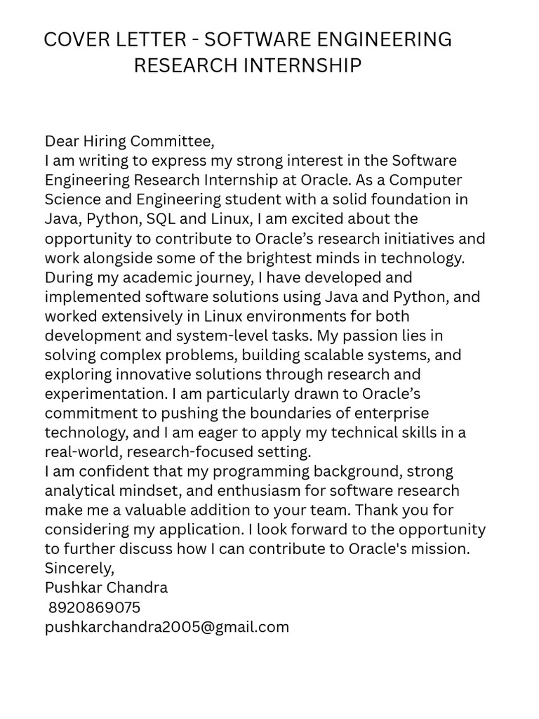 Cover Letter - Software Engineering Research Internship | PDF