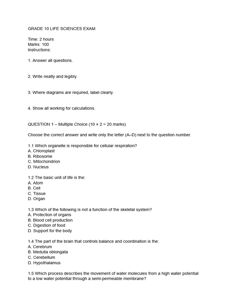 Grade 10 Life Sciences Exam Paper | PDF | Cell (Biology) | Genotype
