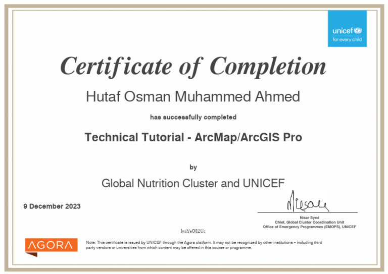 UNICEF ArcMap/ArcGIS Pro Completion Certificate | PDF