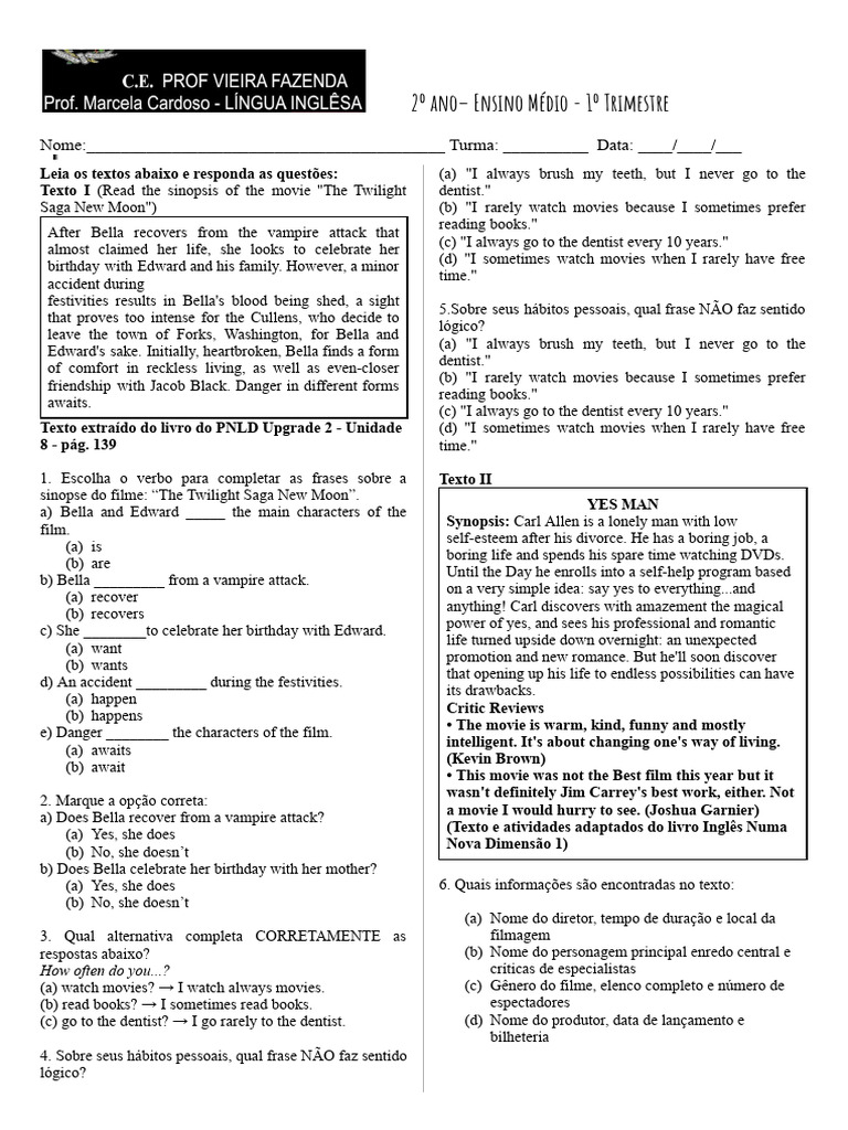 2o Ano AV - 2o Trimestre - 2025 - INGLÊS - Ensino Médio - 1o TRIM | PDF ...