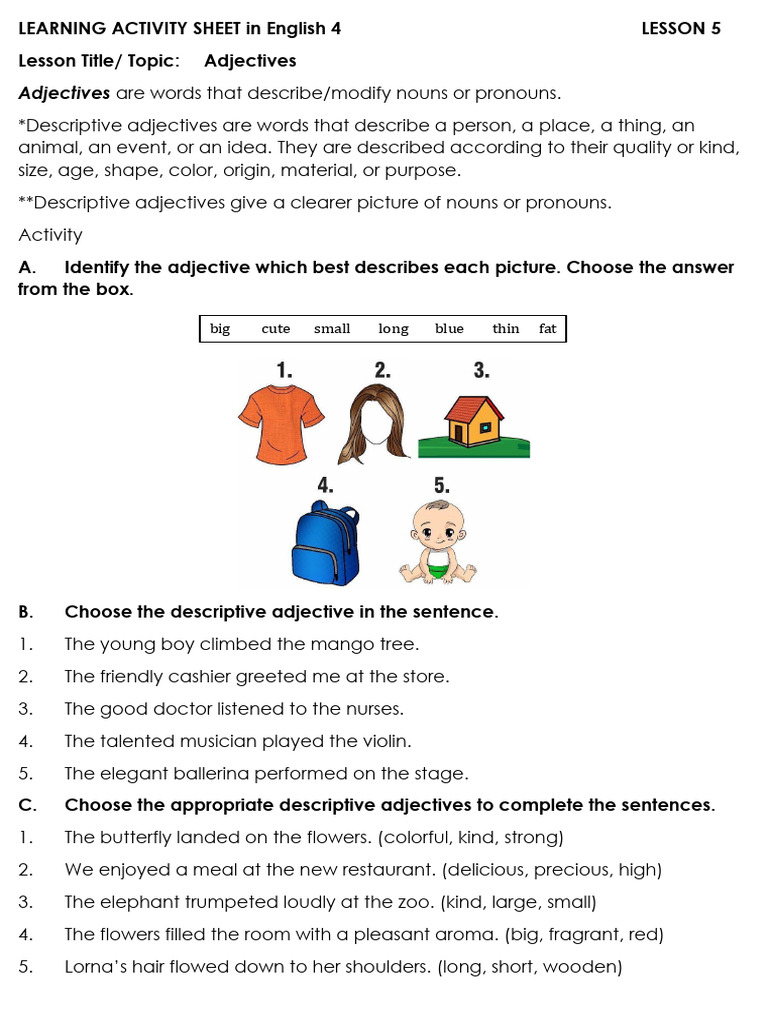 Adjective Learning Activity Sheet | PDF
