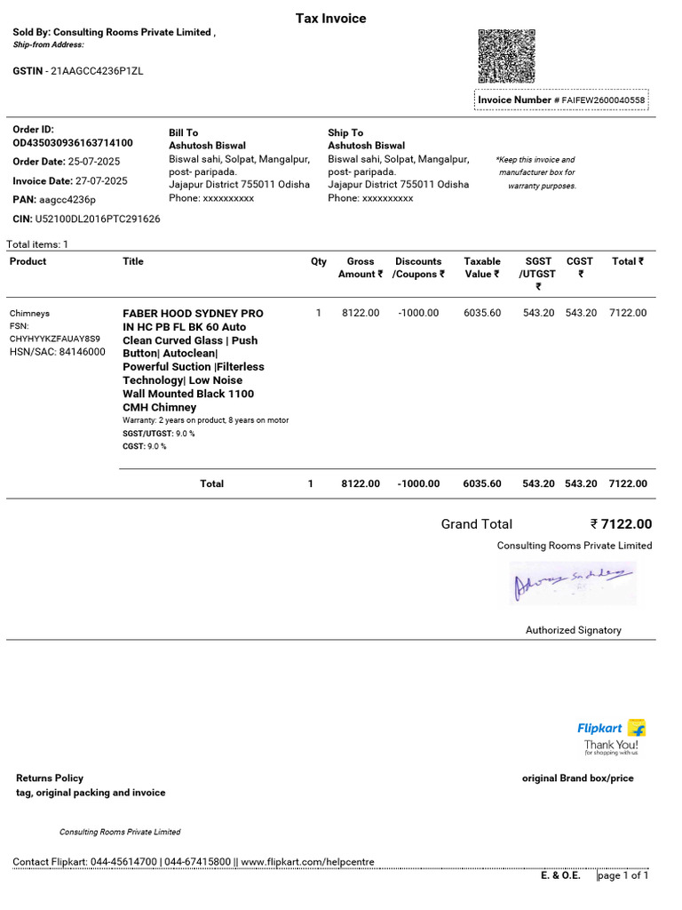 Invoice for Faber Hood Chimney Purchase | PDF | Payments | Taxes