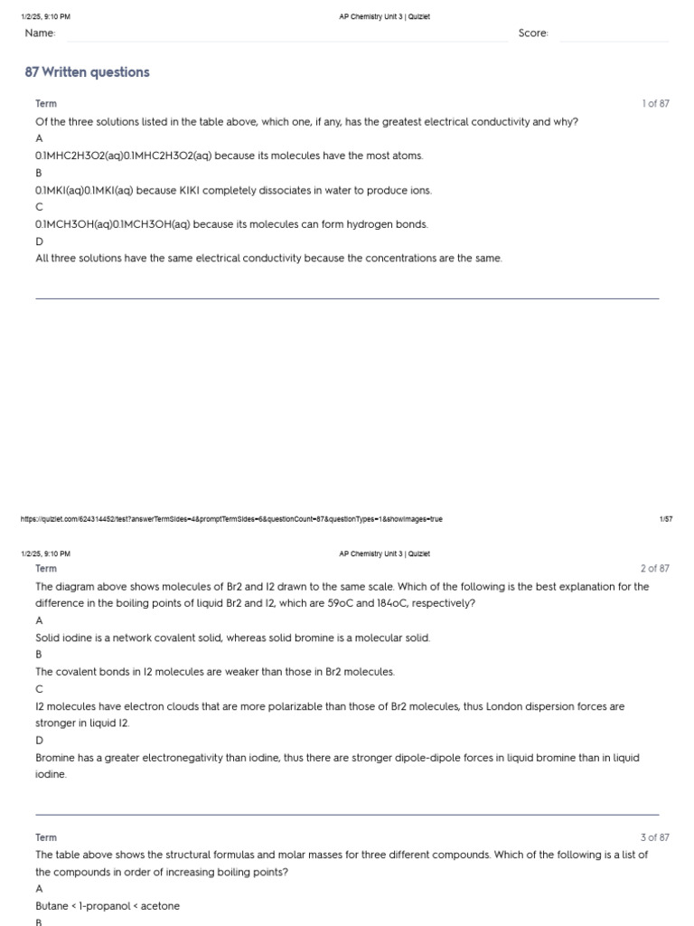 AP Chemistry Unit 3 - Quizlet | PDF | Molecules | Chemical Bond