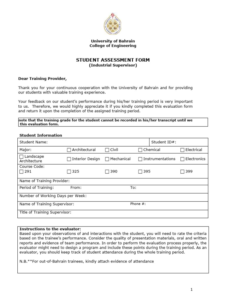 Industrial Supervisor Student Assessment Form | PDF | Skill | Learning