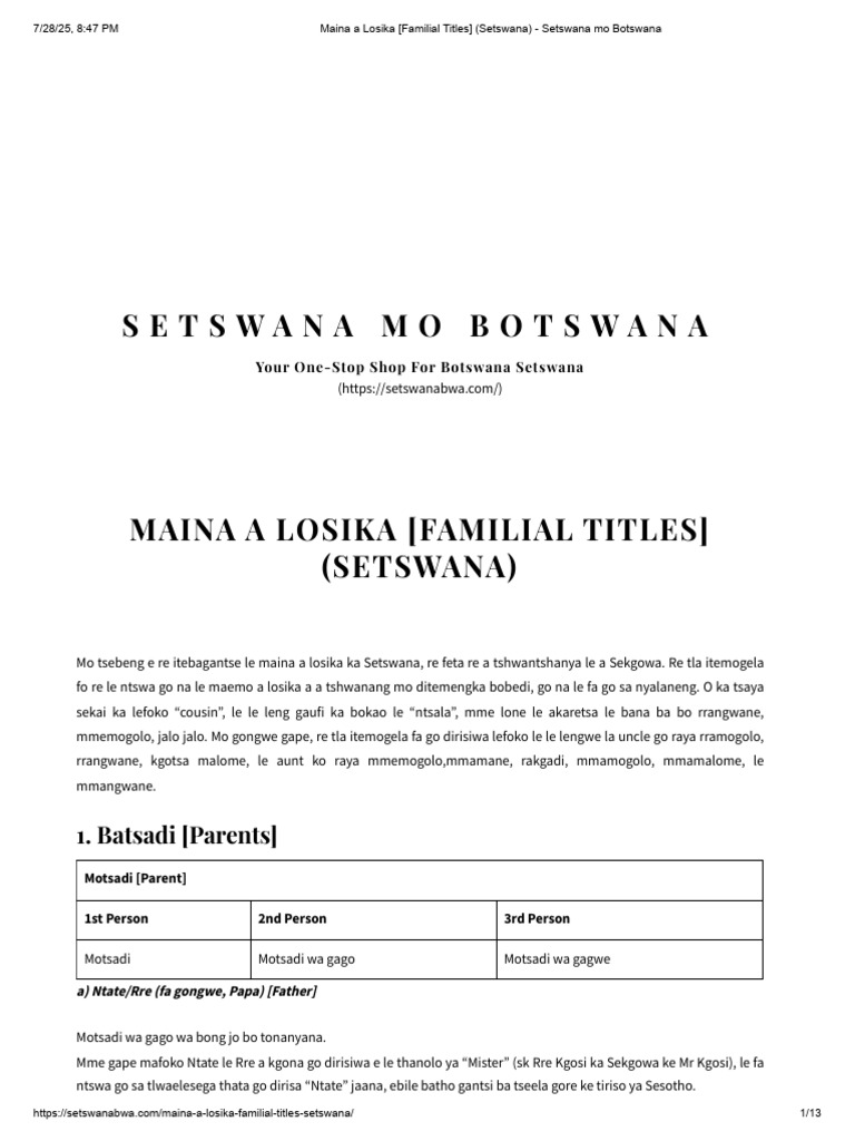 Setswana Familial Titles Explained | PDF | Kinship And Descent | Family
