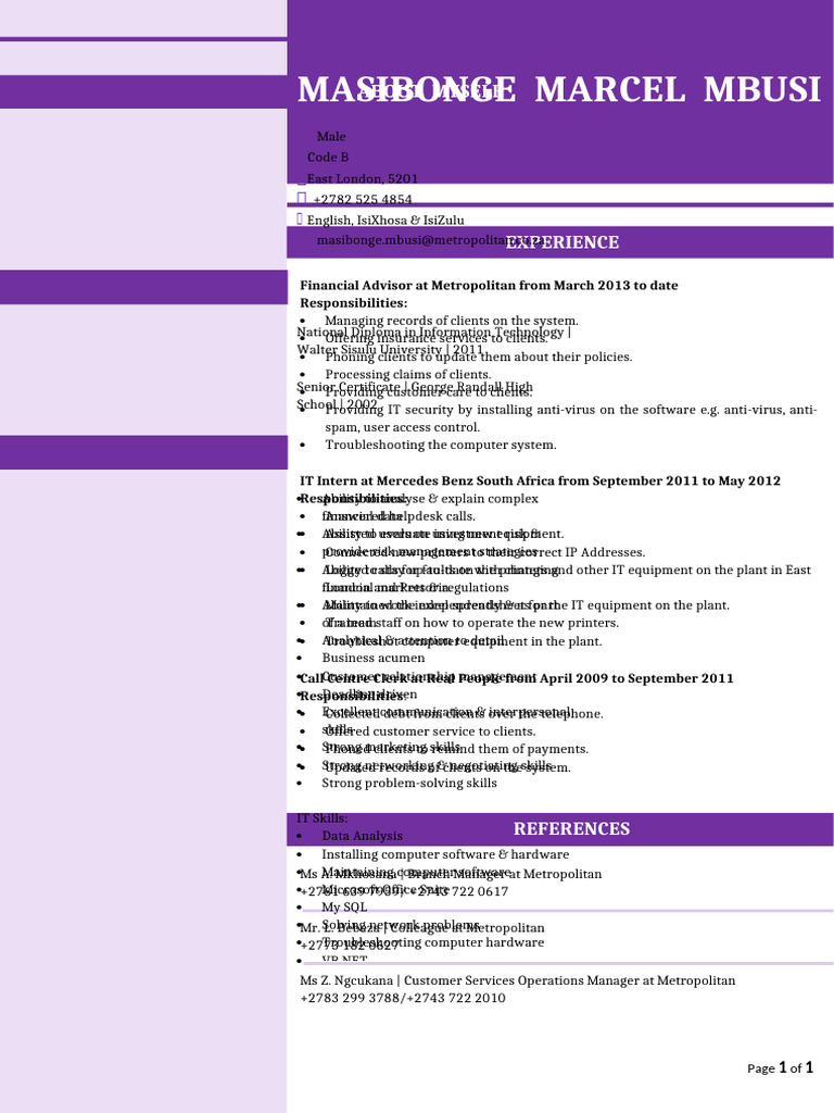 Masibonge Marcel Mbusi CV | PDF | Computing | Software