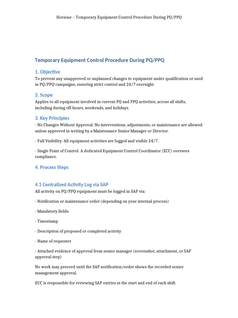 Equipment Control in PQ/PPQ Procedures | PDF