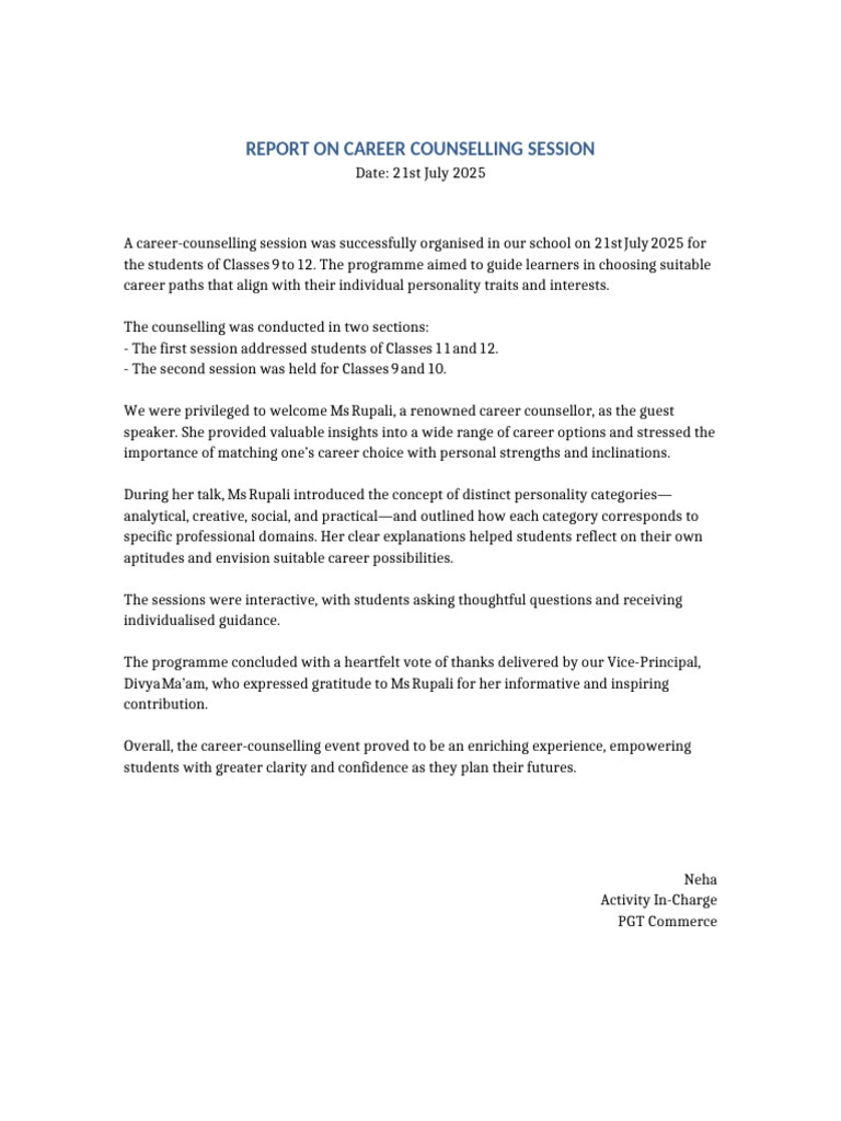 Career Counselling Session Report | PDF