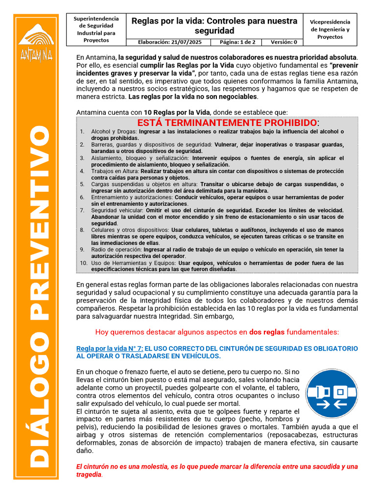Dialogo Preventivo Vpip - Reglas Por La Vida 7 y 8 Controles para Nuestra Seguridad | PDF