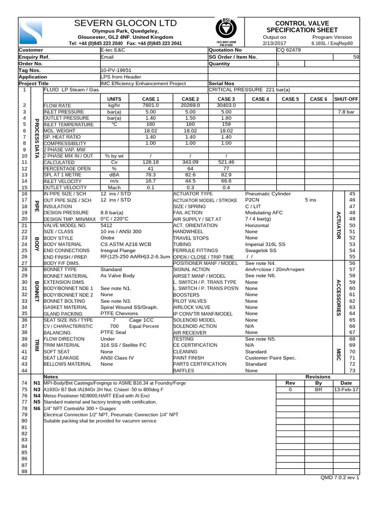 Control Valve Specification Sheet | PDF | Pipe (Fluid Conveyance) | Valve