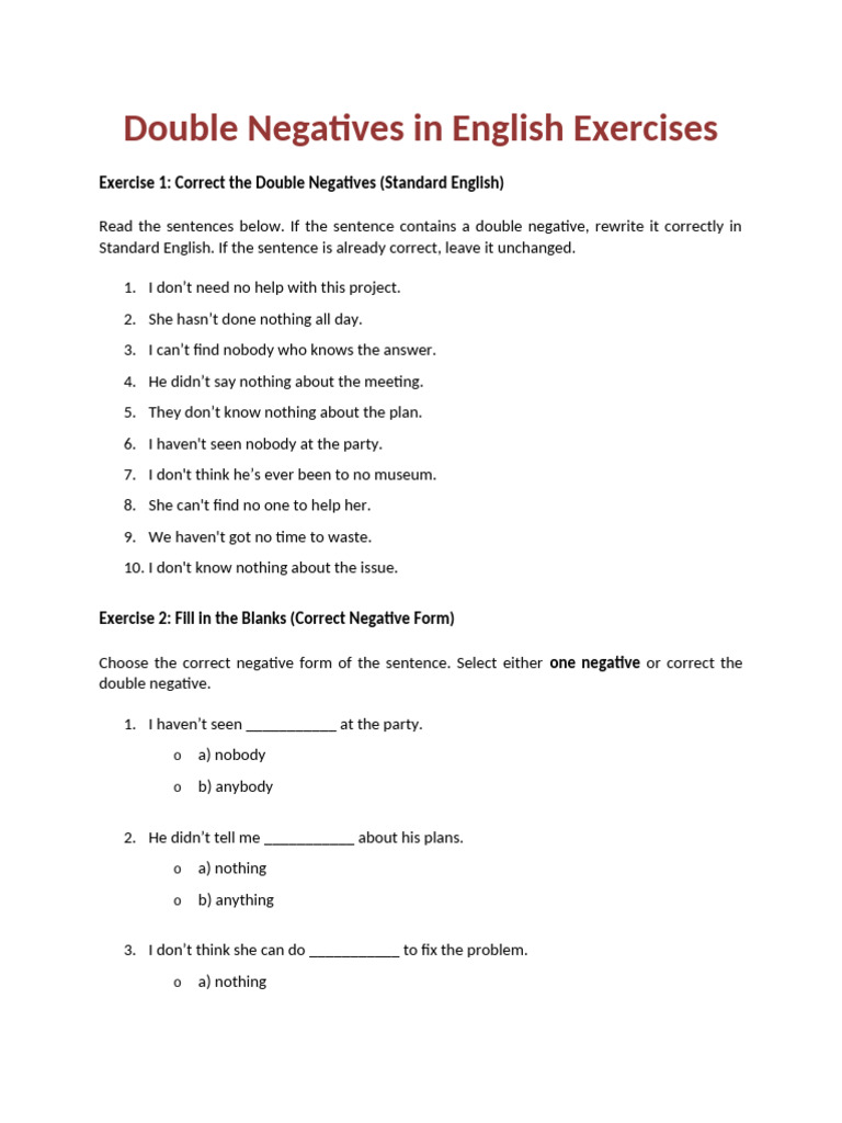 Double Negatives Exercises Guide | PDF | Chess | Chess Theory