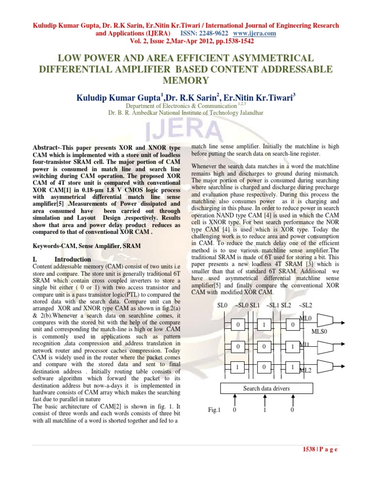 Low Power and Area Efficient Asymmetrical Differential Amplifier Based Content Addressable ...