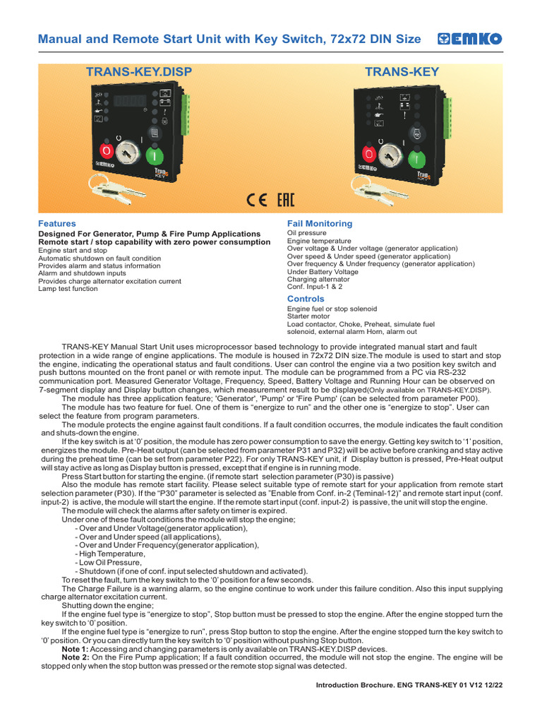 Manual and Remote Start Unit TRANS-KEY-EnG-V12 | PDF | Electric ...