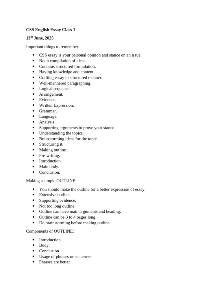 CSS English Essay Class 1 | PDF