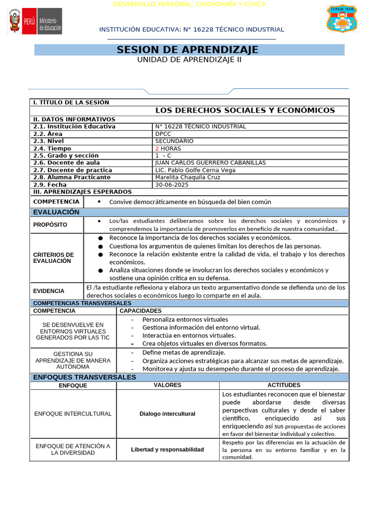 Sesion de Aprendizaje DPCC Derechos Sociales y Economicos 1C | PDF | Maestros | Aprendizaje