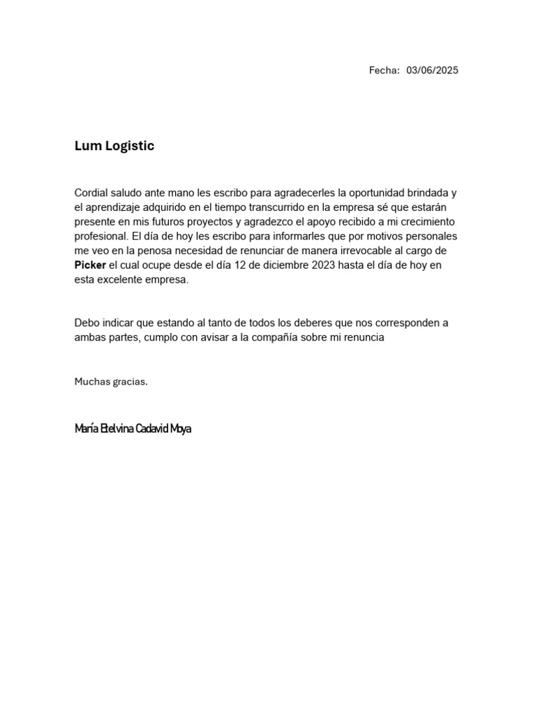 Renuncia de María Cadavid a Lum Logistic | PDF