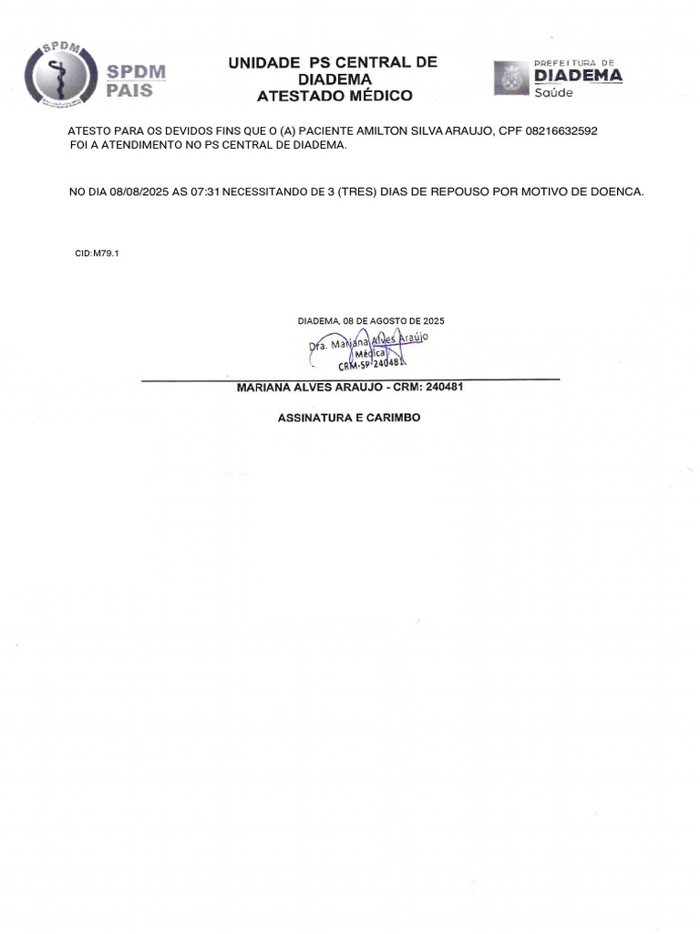 Atestado Médico Diogo | PDF