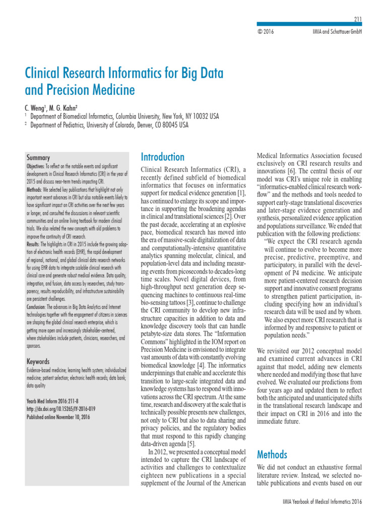 Clinical Research Informatics For Big Data | PDF | Health Informatics ...