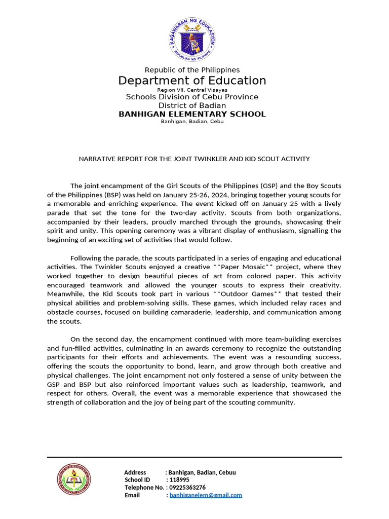 Narrative Report For Twinkler and Kid Scout Activity | PDF | Scouting