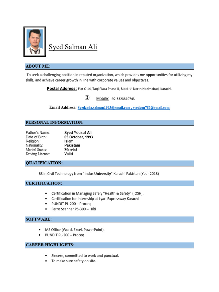 Civil Engineer Resume and Profile | PDF | Karachi