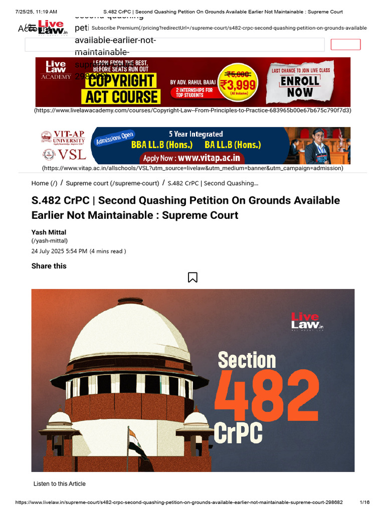 S.482 CRPC - Second Quashing Petition On Grounds Available Earlier Not ...