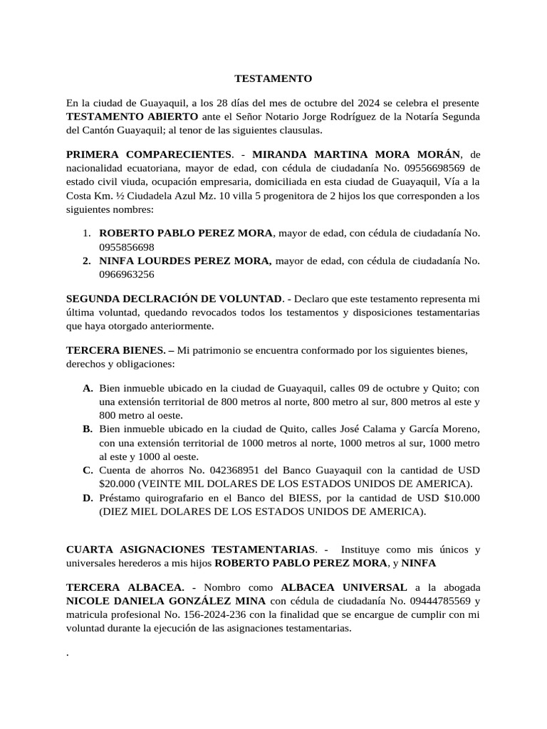 Testamento de Miranda Mora Morán | PDF | Albacea