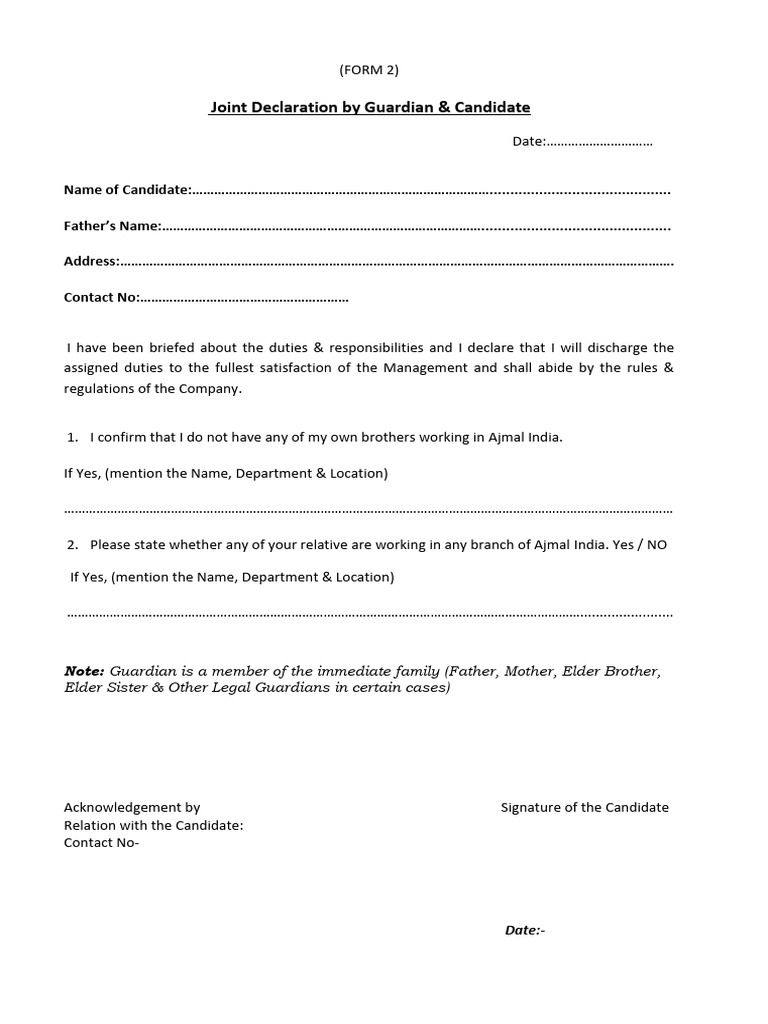 FORM 2 Joint Declaration by Guardian & Candidate | PDF
