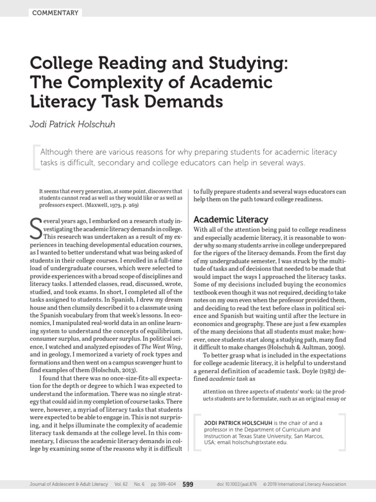 College Reading and Studying - The Complexity of Academic Literacy Task ...