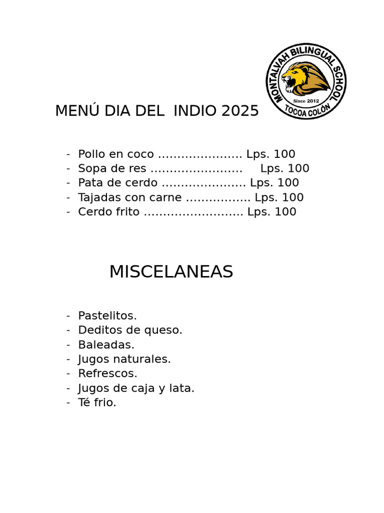 Menú Día del Indio 2025: Platos y Bebidas | PDF